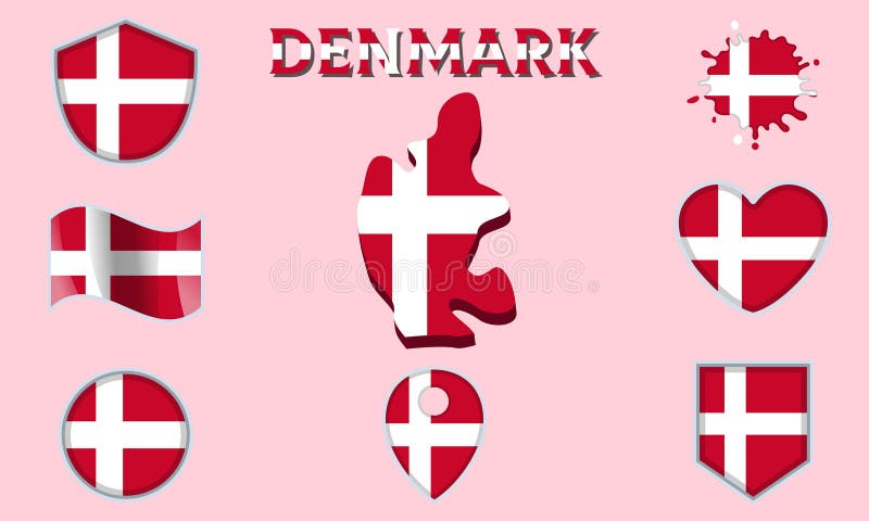 Collection of Flat National Flags of Denmark with Map Stock Vector ...
