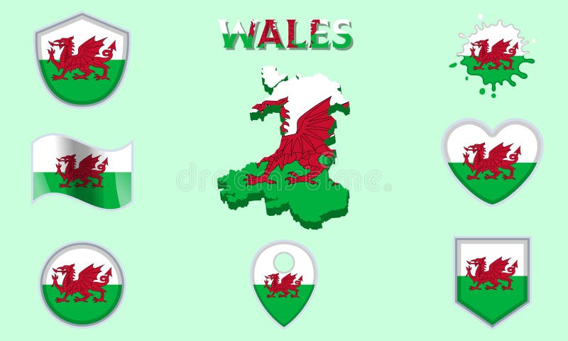 Collection of Flat National Flags of Wales with Map Stock Vector ...