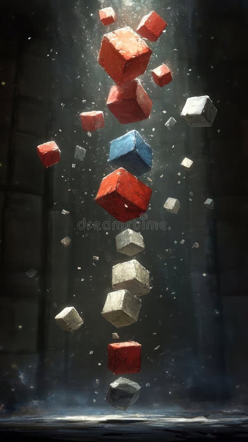 A Collection of Floating Cubes in Red, White, and Blue, Illuminated by ...