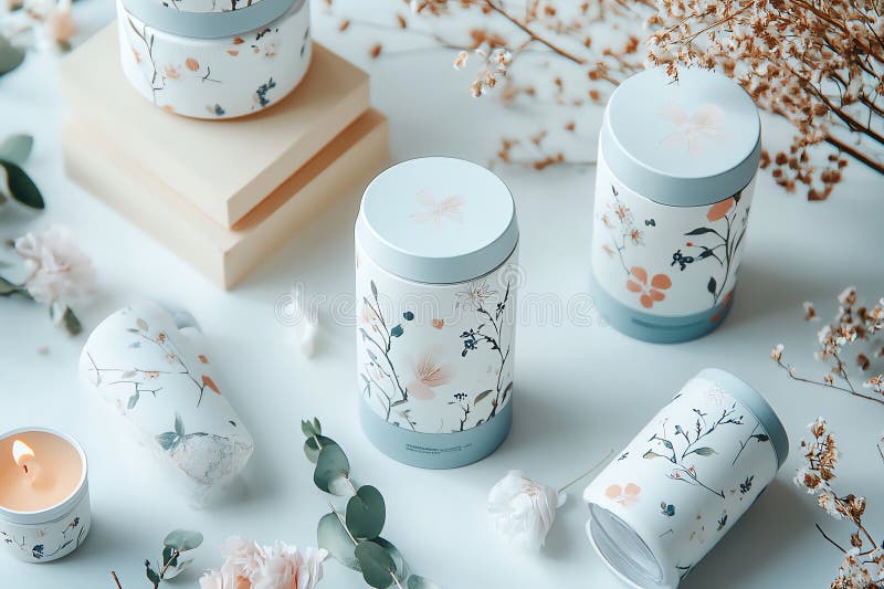 A Collection of Floral Patterned Cylindrical Containers on a White ...