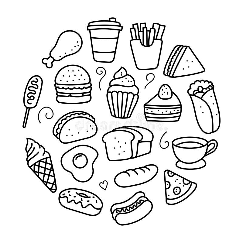 Collection of Food Doodle Illustrations Arranged in a Circle Shape ...