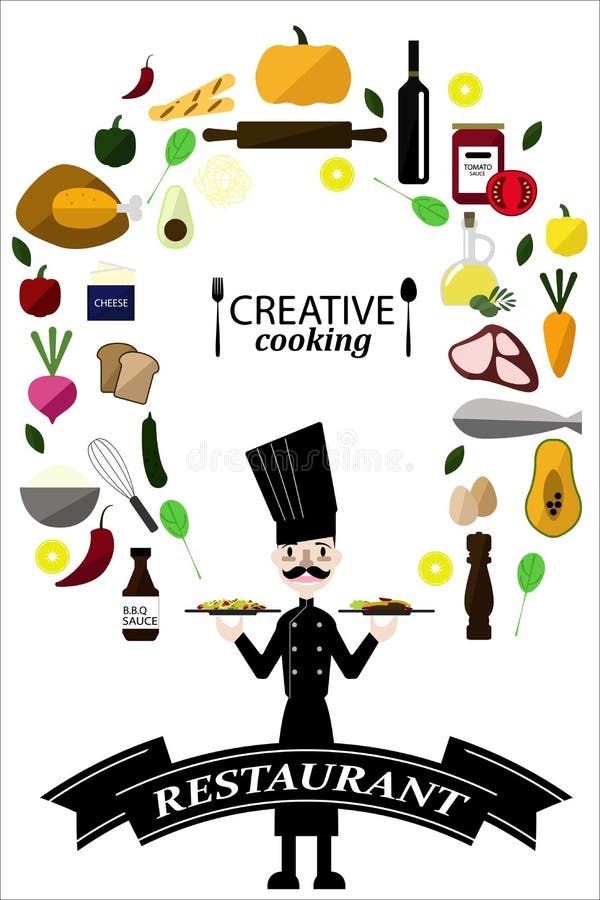 Collection of Food Ingredients with Chef,Creative Cooking Stock Vector ...