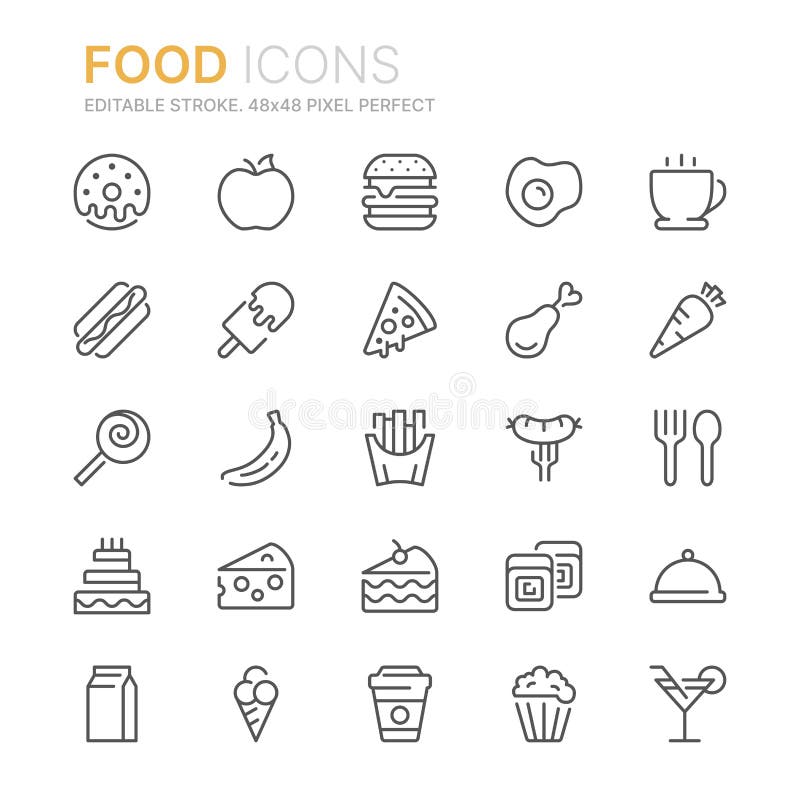 Collection of Food Related Line Icons Stock Vector - Illustration of ...