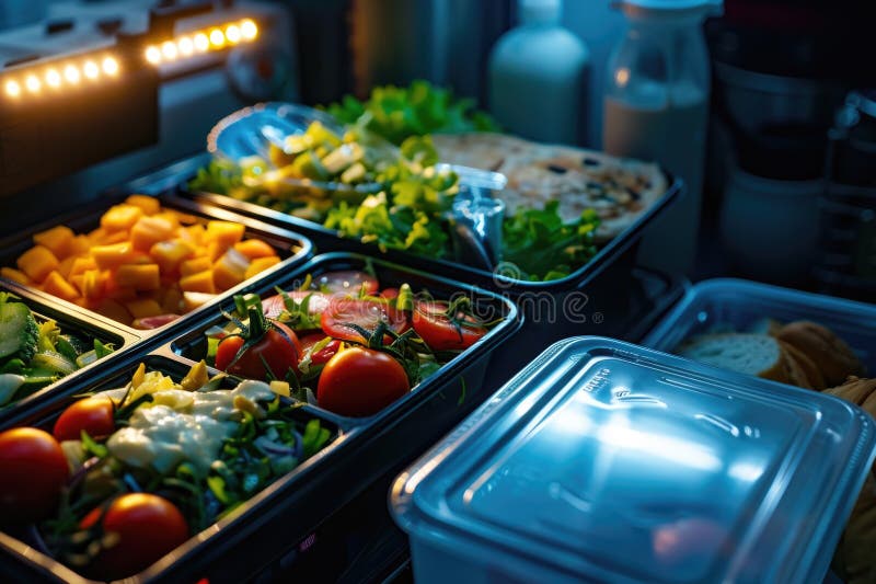 A Collection of Food Trays Arranged on a Counter, Ready for Serving or ...