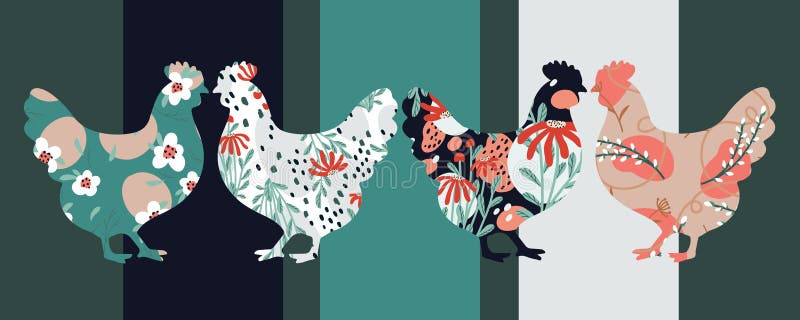 Boho Chicken Silhouettes with Floral and Abstract Patterns Stock Vector ...