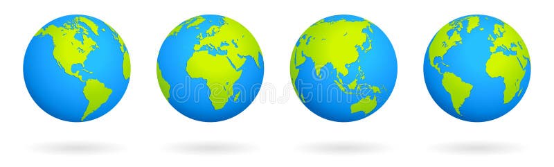 Collection of Four Blue and Green Earth Globes. Full Vector ...