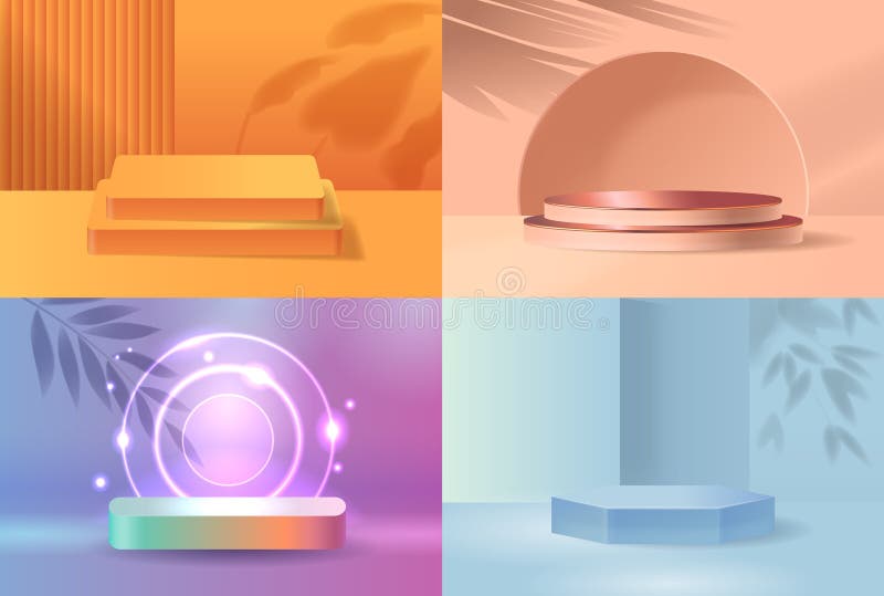 Collection of Four Colorful Podiums with Distinct Shadows and Abstract ...