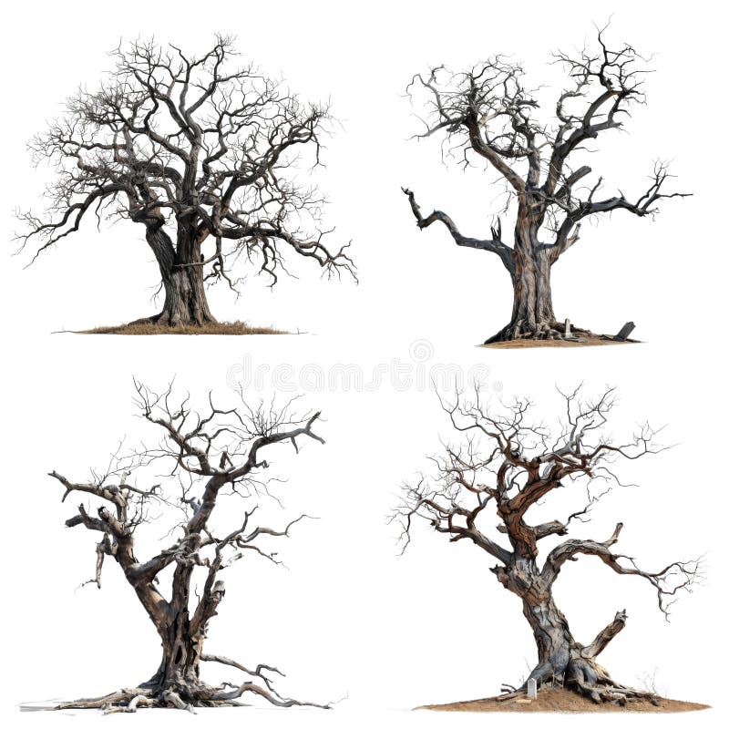 A Collection of Four Dead Trees with Twisted Branches and Roots Stock ...
