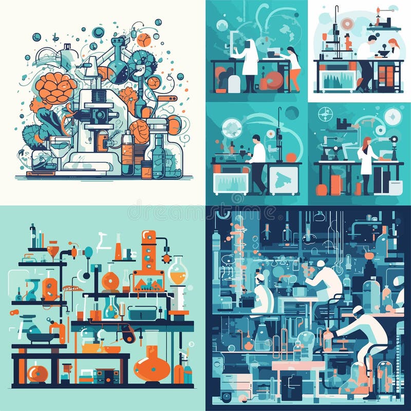 A Collection of Four Different Drawings of Scientists in a Lab Stock ...