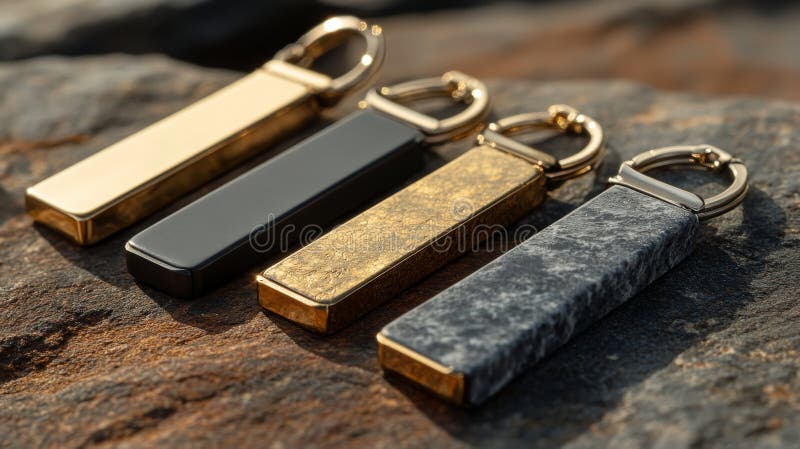 Unique Collection of Four Stylish Keychains Resting on a Rocky Surface ...