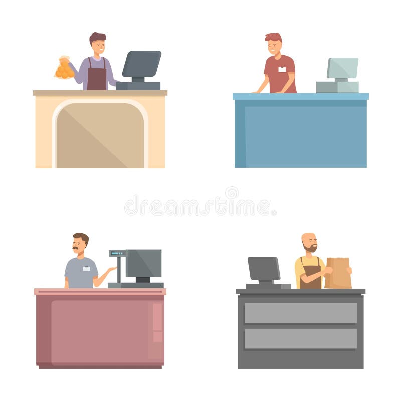 Set of Illustrations of Cashiers at Workstations Stock Vector ...