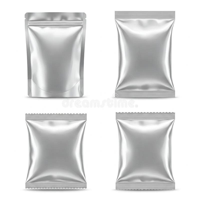 Set of Silver Foil Snack Packaging Mockups on White Background Stock ...