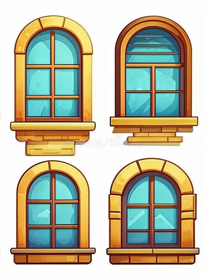 A Collection of Four Stylized Cartoon Windows with Arched Designs ...