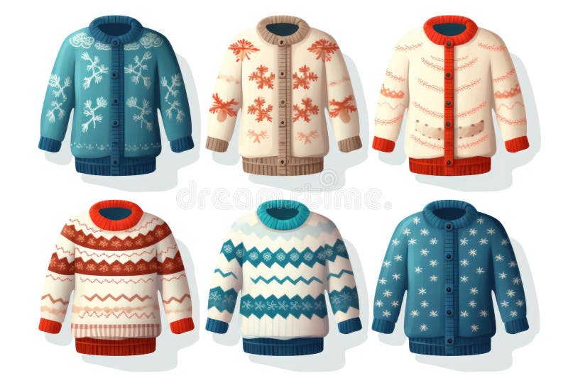 A Collection of Four Unique Sweaters with Snowflake Patterns. Perfect ...