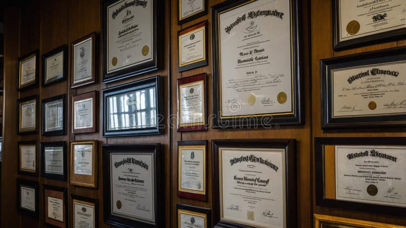 Collection of Framed Diplomas and Certificates Displayed on a Wall in a ...