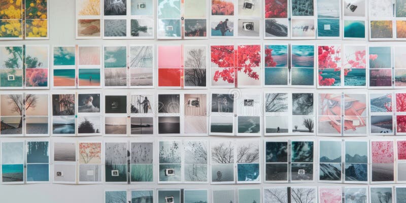 A Collection of Framed Photos or Artwork Displayed on a Wall Stock ...