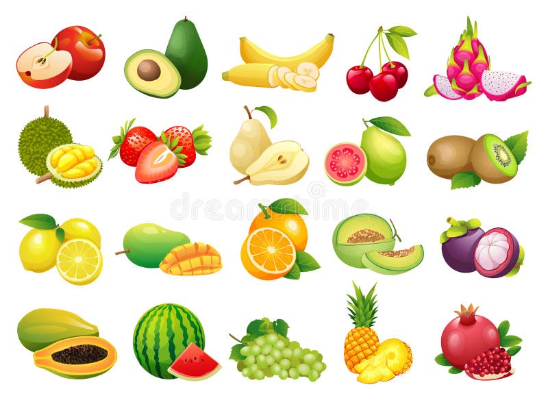 Collection of Fresh Fruits in Cartoon Style Stock Vector - Illustration ...