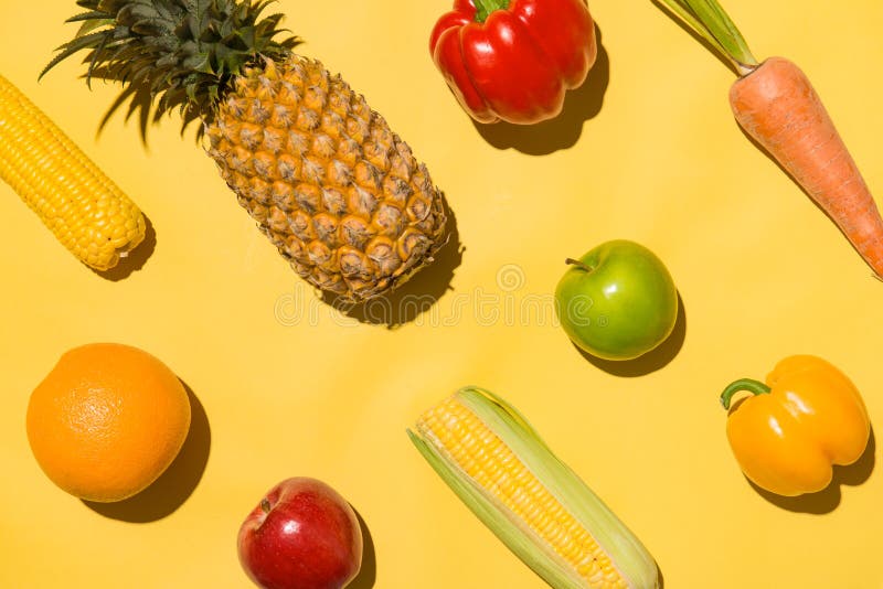 Collection of Fresh Fruits on Yellow Background. Stock Image - Image of ...