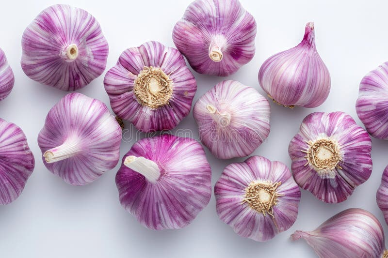 Collection of Fresh Purple Garlic Bulbs Scattered on a Bright White ...