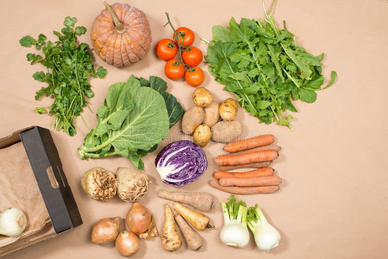Collection of Fresh Vegetables and a Box Copy Space Stock Photo - Image ...
