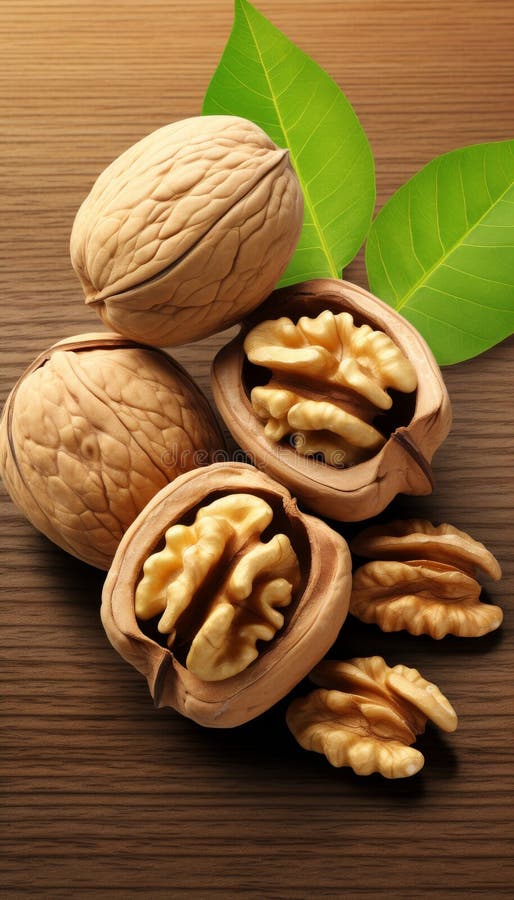 Fresh Walnuts in Their Shells with Cracked Nuts and Green Leaves on a ...