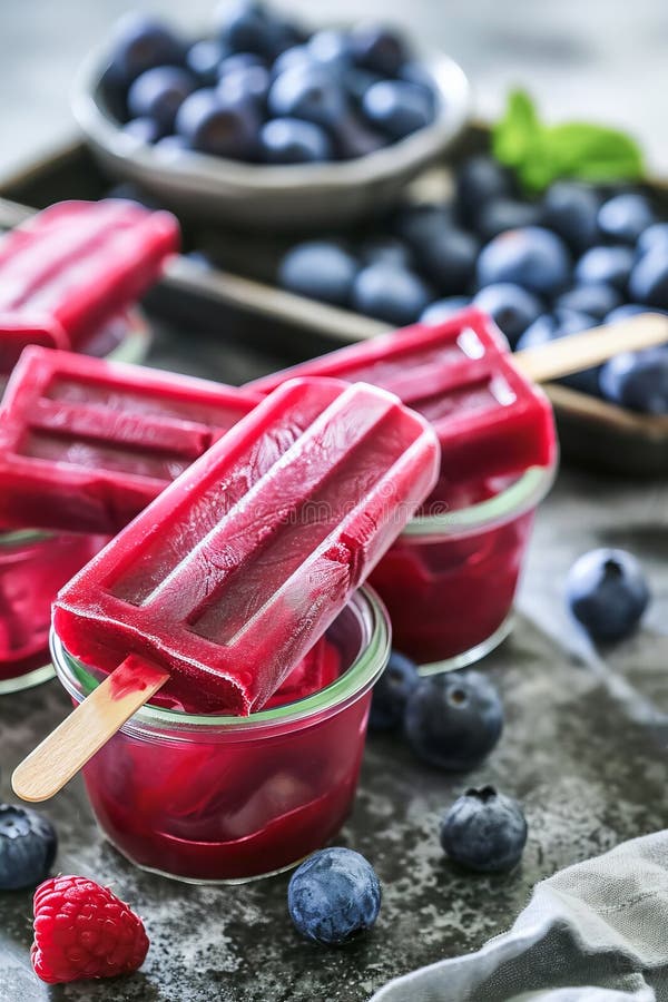 Homemade Berry Ice Pops Set on Rustic Kitchen Table in Natural Daylight ...