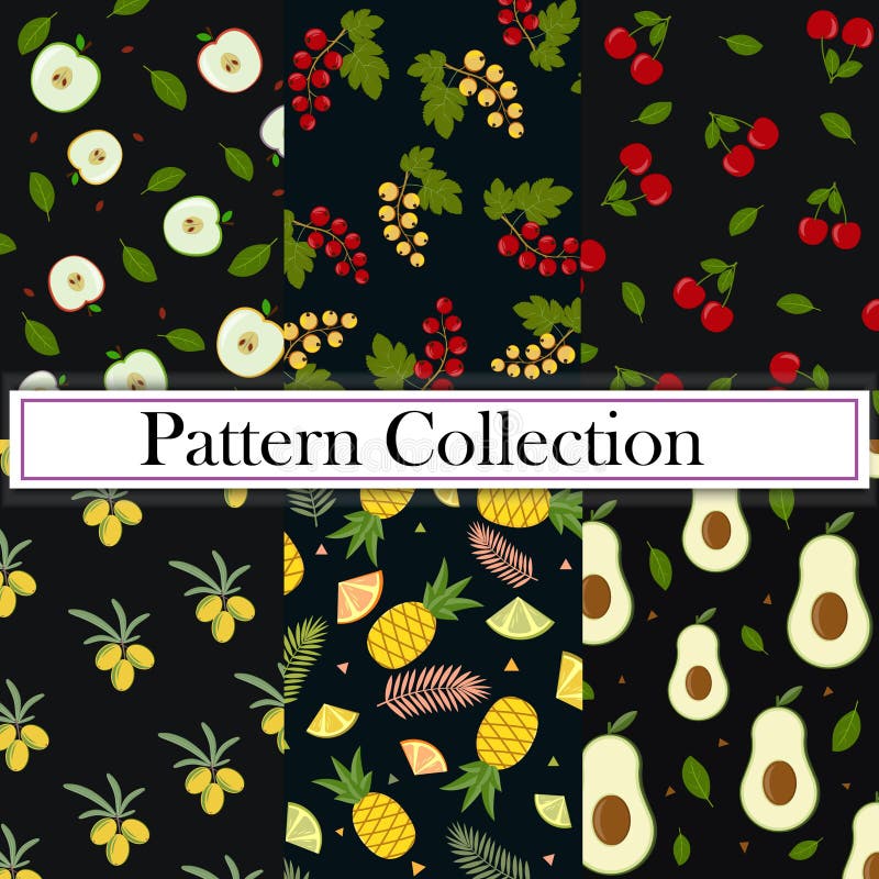 Collection of Fruit and Berry Patterns on a Dark Background Stock ...