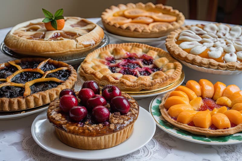 A Collection of Fruit Pies and Tarts in Various Shapes and Sizes, on a ...