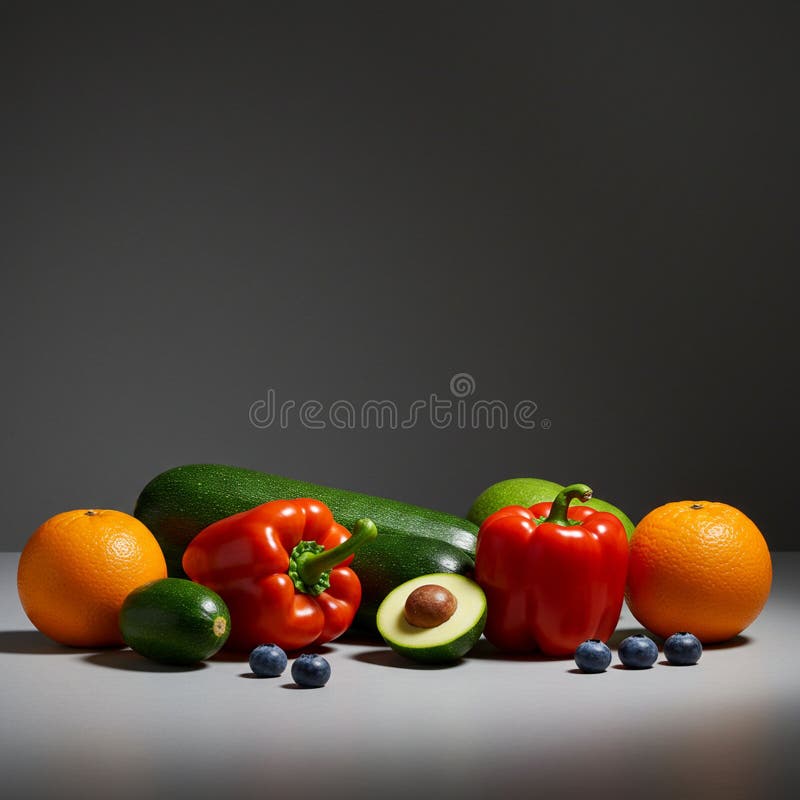 A Collection of Fruits and Vegetables Arranged on a Surface. Visible ...
