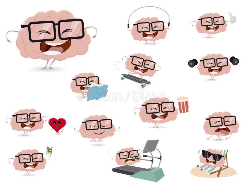 Collection Of A Funny Brain In Different Situations Stock Vector ...
