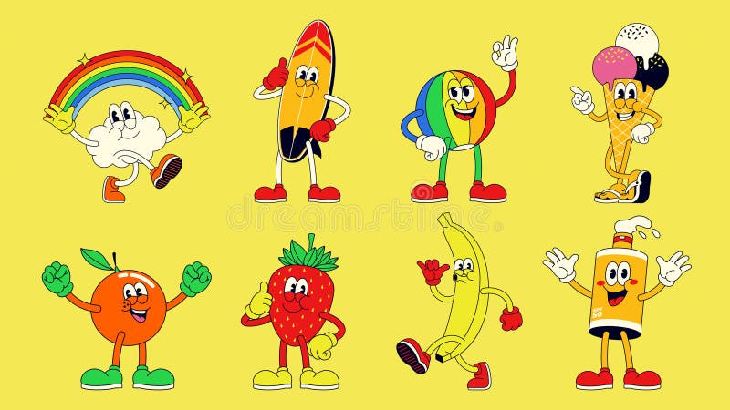 Collection of Funny Summer Retro Cartoon Character Set Collection Stock ...