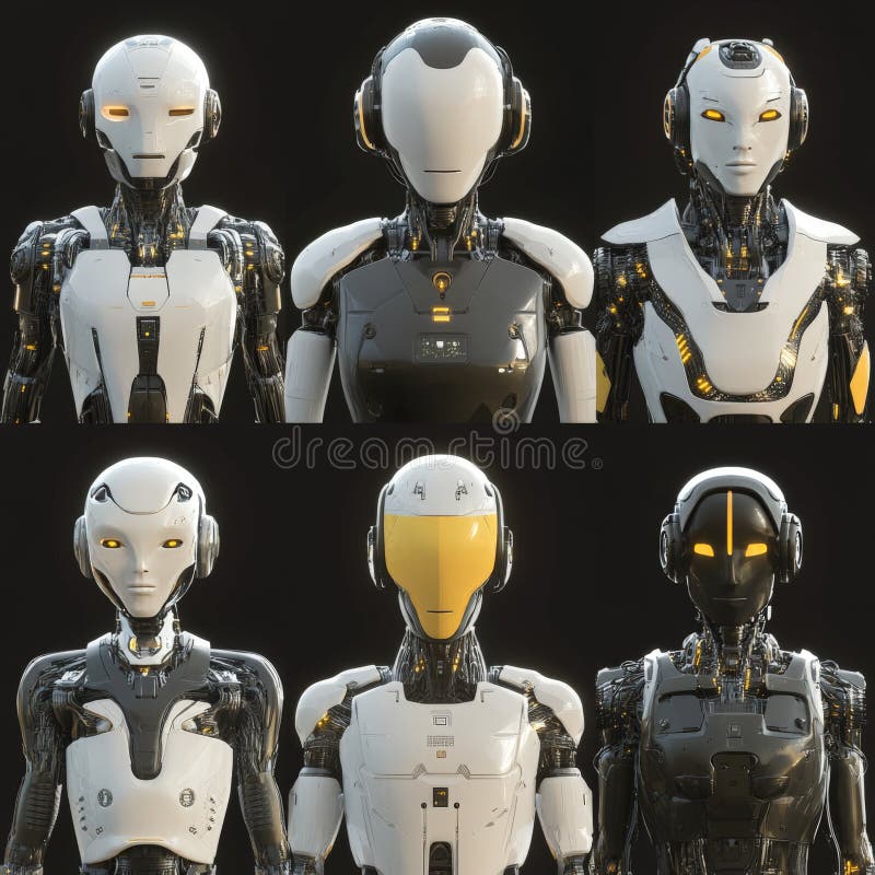 Group of Futuristic Robot Heads with Various Designs and Expressions ...