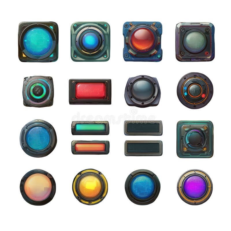A Collection of Futuristic, Sci-fi Style Buttons with Various Shapes ...
