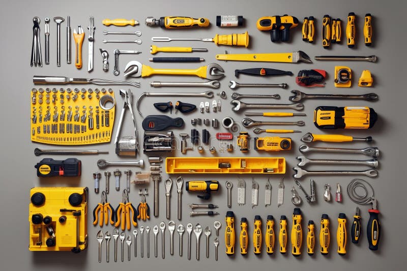 Collection of Garage Tools Organized on a White Background Symmetric ...