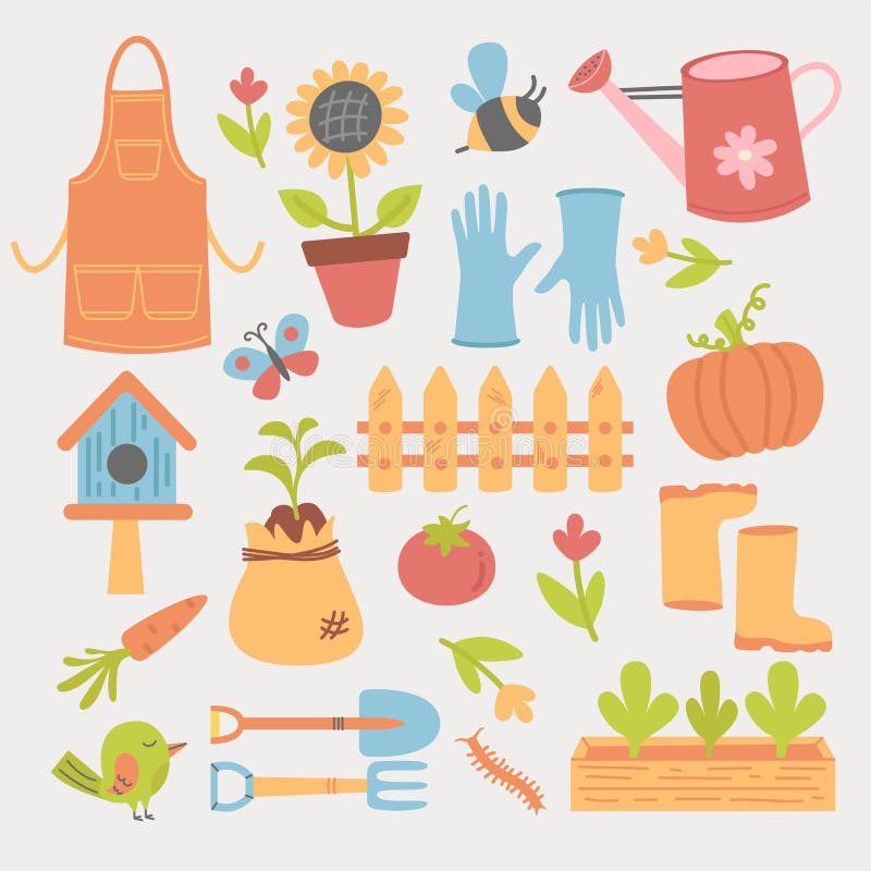 Collection Garden Elements Hand Drawn Stock Vector - Illustration of ground, tool: 343215312