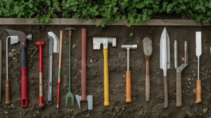 A Collection of Garden Tools Arranged in a Line on Brown Soil in Front ...