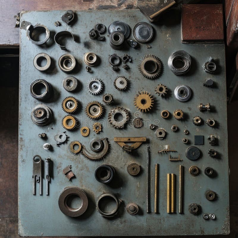 A Collection of Gears on a Table, Including Various Types Such As Bevel ...