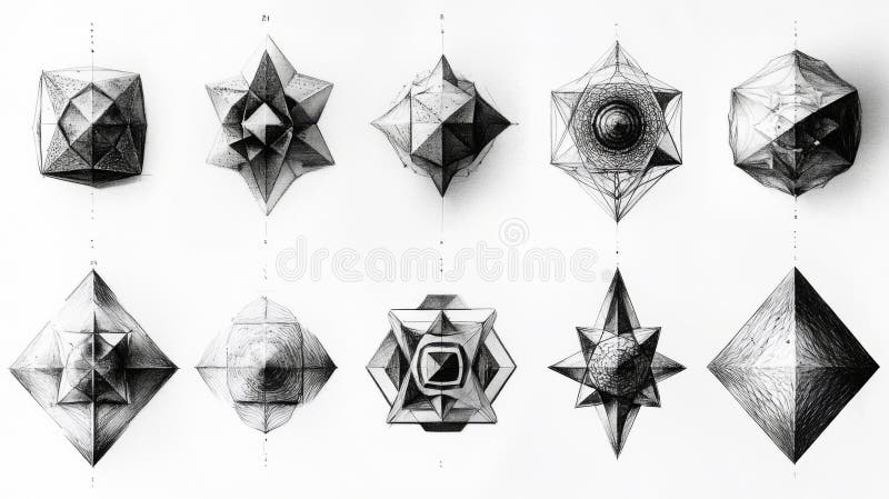 Collection of Geometric Polyhedra Drawings in Black and White Stock ...