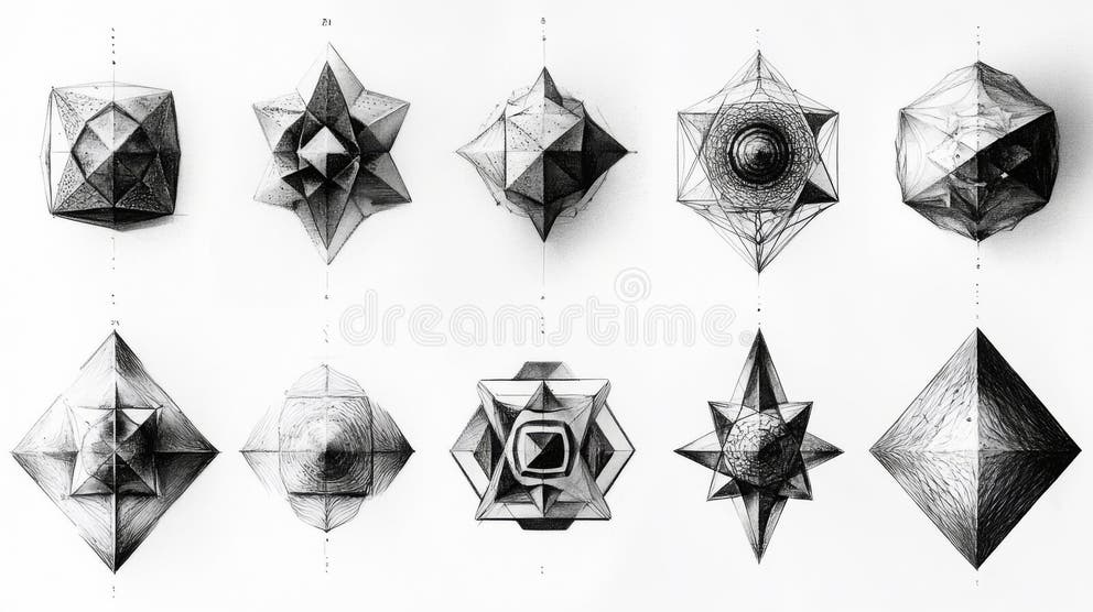 Collection of Geometric Polyhedra Drawings in Black and White Stock ...