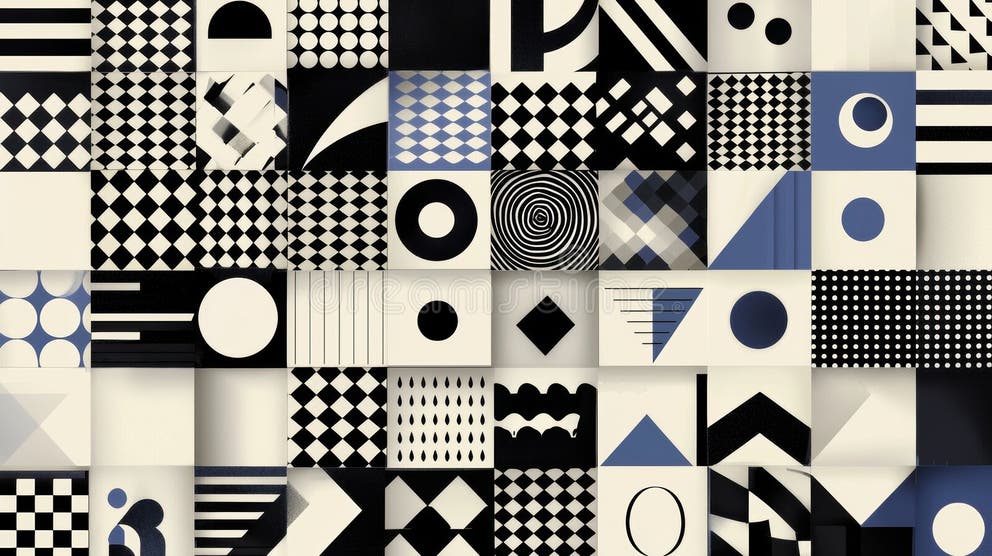 A Collection of Geometric Shapes in Black, White, and Blue, Arranged in ...