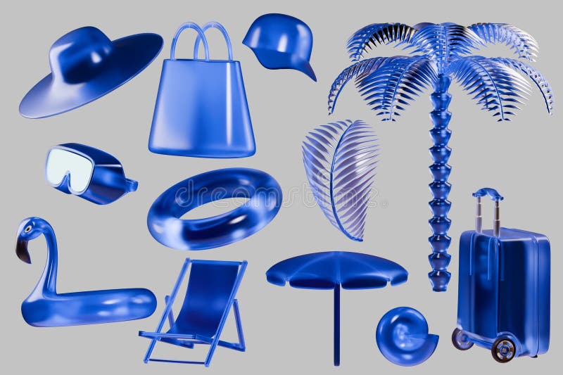 A Collection of Glass Blue Beach Items Including a Hat, Bag, Palm Tree ...