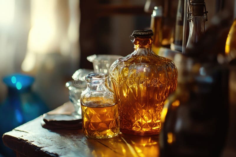 A Collection of Glass Bottles Placed on a Rustic Wooden Surface Stock ...