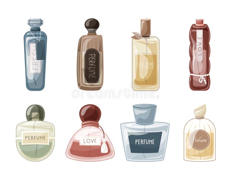Collection of Glass Elegant Bottles of Fragrant Perfume. Vector Set of ...