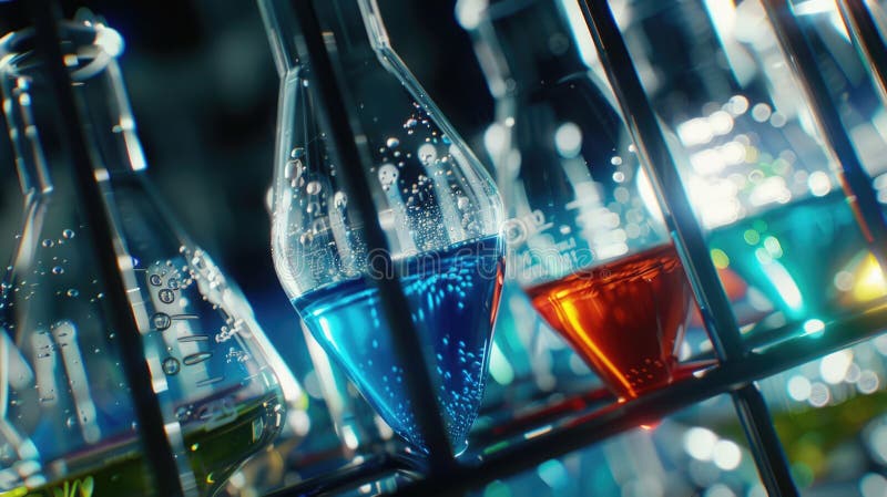 A Collection of Glass Flasks Containing Various Colored Liquids Stock ...