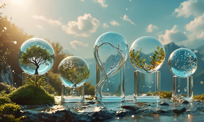 Collection Glass Spheres, Each Containing Different Tree, is Arranged ...