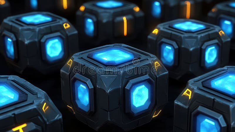 A Collection of Glowing, Futuristic Cubes with Blue Lights and ...