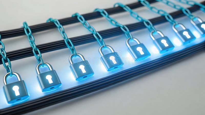 Collection of Glowing Locks Connected by Fiber Optics Symbolizing ...