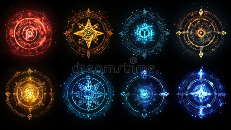 Collection of Glowing Magic Circles with Intricate Geometric Shapes on ...