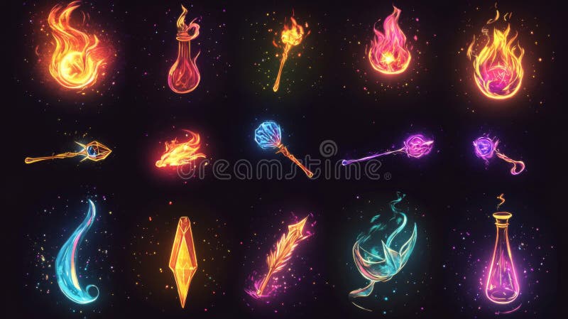 Collection of Glowing Pixel Art Magical Elements on a Dark Background Stock Illustration ...