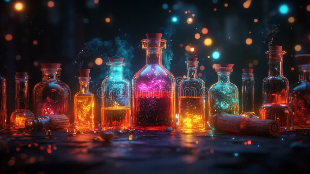 A Collection of Glowing Potion Bottles with Magical Effects Stock ...